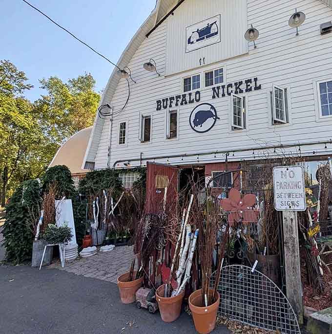 Vintage garden tools and weathered charm greet you before you even step inside this antique lover's paradise.