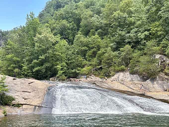 Pure mountain water cascading over ancient rock, proving that the best adventures don't require chlorine or long lines for tickets.