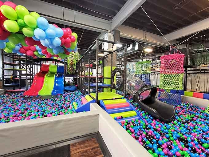 Three slides, countless foam balls, and enough climbing challenges to exhaust even the most energetic grandkids you know.