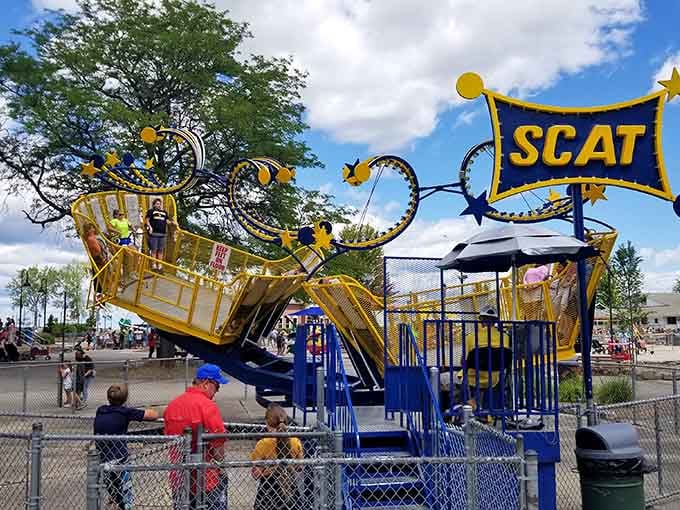 The Scat ride tilts riders skyward in brilliant yellow glory, looking like a giant's playground toy come to life.
