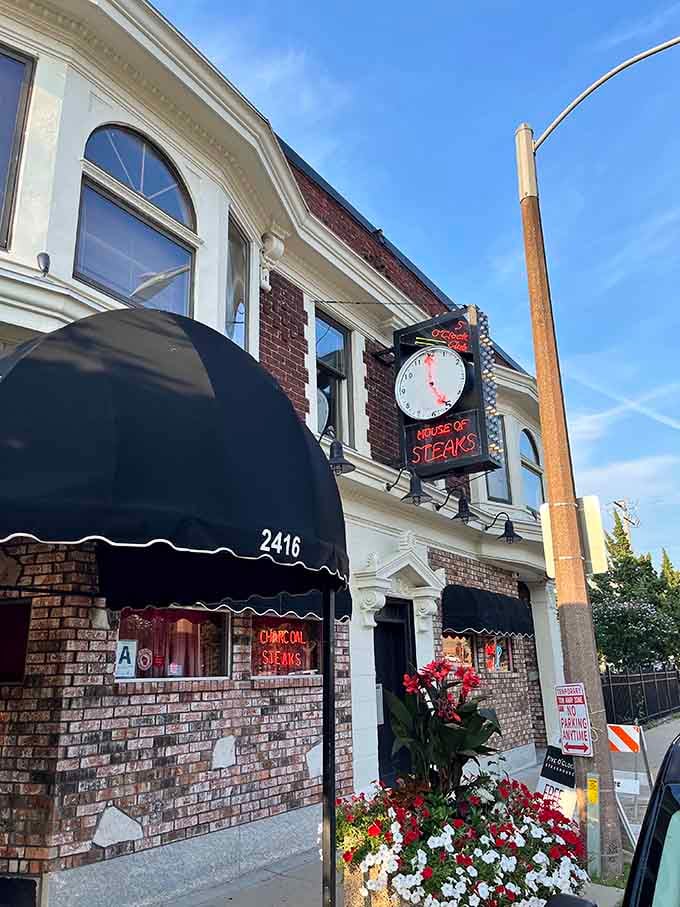 That iconic neon clock isn't just telling time, it's announcing your arrival at steak heaven.