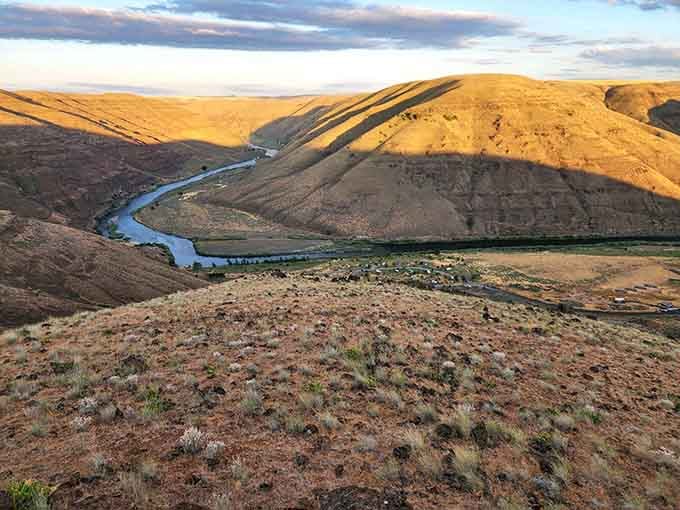 The canyon unfolds like nature's own masterpiece, golden hills meeting blue sky in perfect harmony.