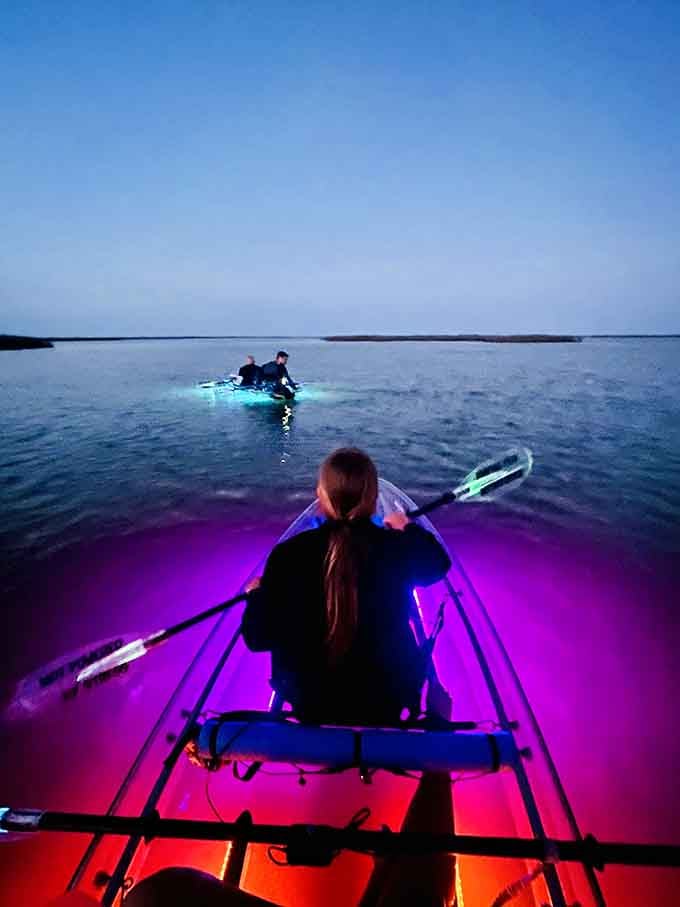 A front-row seat to a neon wonderland, watching the deep blue evening sky melt into vibrant purple water.