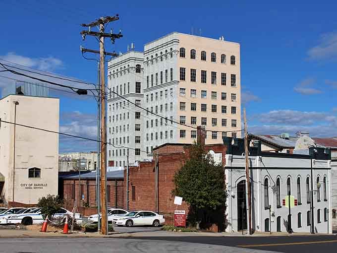 Downtown architecture tells stories of prosperity past, where brick meets sky and history refuses to fade quietly away.