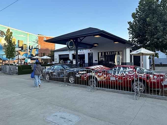 The garage doors aren't just for show, they roll up to blur the line between dining room and streetside paradise.