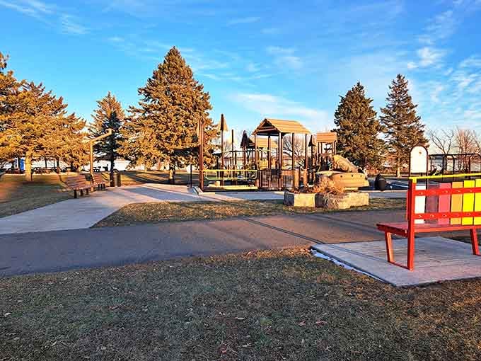 The playground means kids can burn energy while parents contemplate the majesty of giant folklore figures.