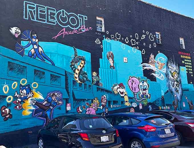 That spectacular mural transforms an ordinary building into a love letter to every video game hero you grew up with.