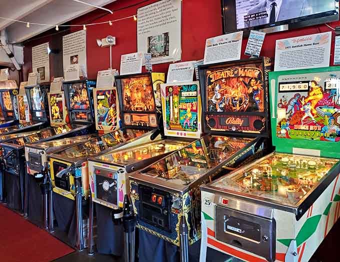 Rows of vintage pinball machines stand at attention like colorful soldiers from a more analog era of entertainment.