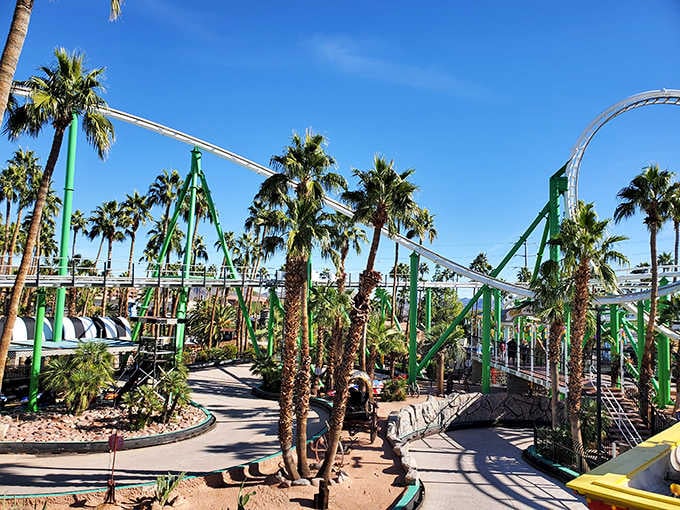 That green steel serpent twisting through the palms is your ticket to temporary insanity and permanent memories.