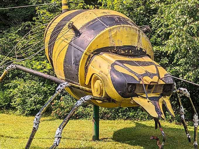 The yellow and black stripes gleam in the sunshine, making this automotive insect look ready to buzz.