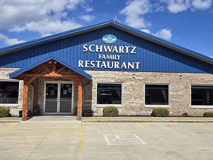 That blue roof against the sky signals your arrival at comfort food paradise in rural Indiana.