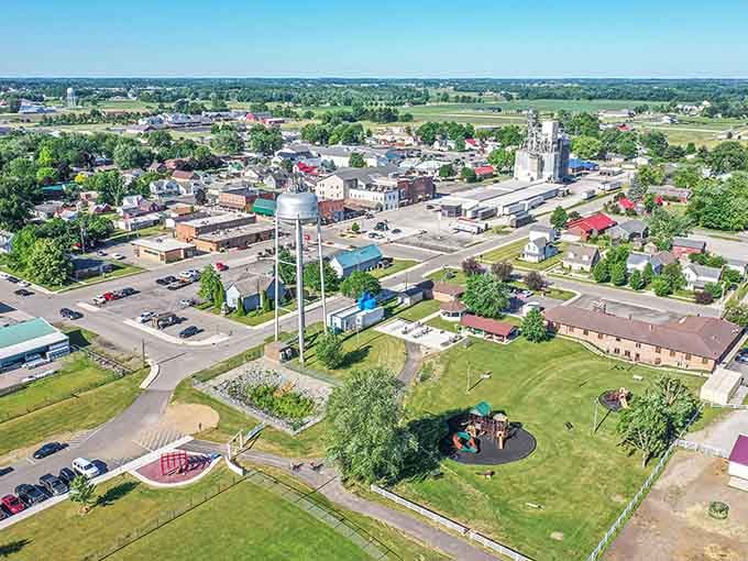 Downtown Shipshewana from above reveals a town where the water tower still matters and neighbors actually know each other.