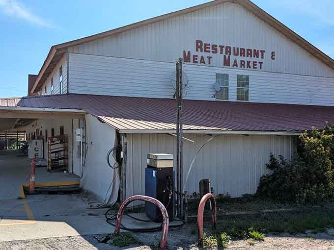 The "Restaurant & Meat Market" sign tells you everything: fresh cuts and serious cooking under one roof.