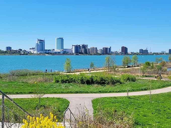 The Detroit River sparkles like nature's own welcome mat, inviting you to leave your worries behind.
