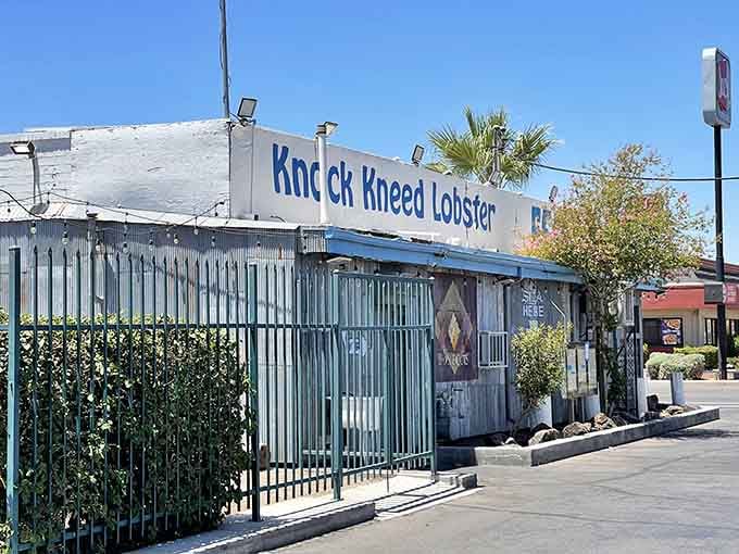 That weathered corrugated exterior isn't trying to fool anyone—this is seafood done right, desert style.
