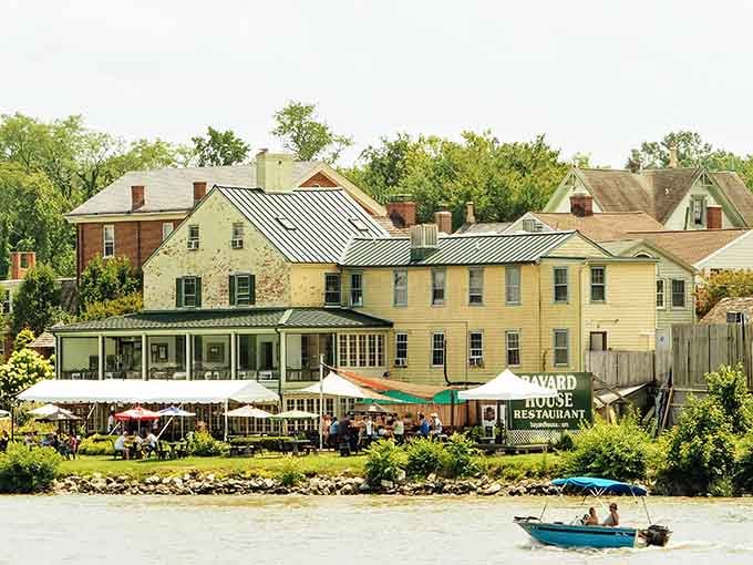 Historic waterfront buildings meet modern dining where boats drift lazily past like they've got nowhere important to be.