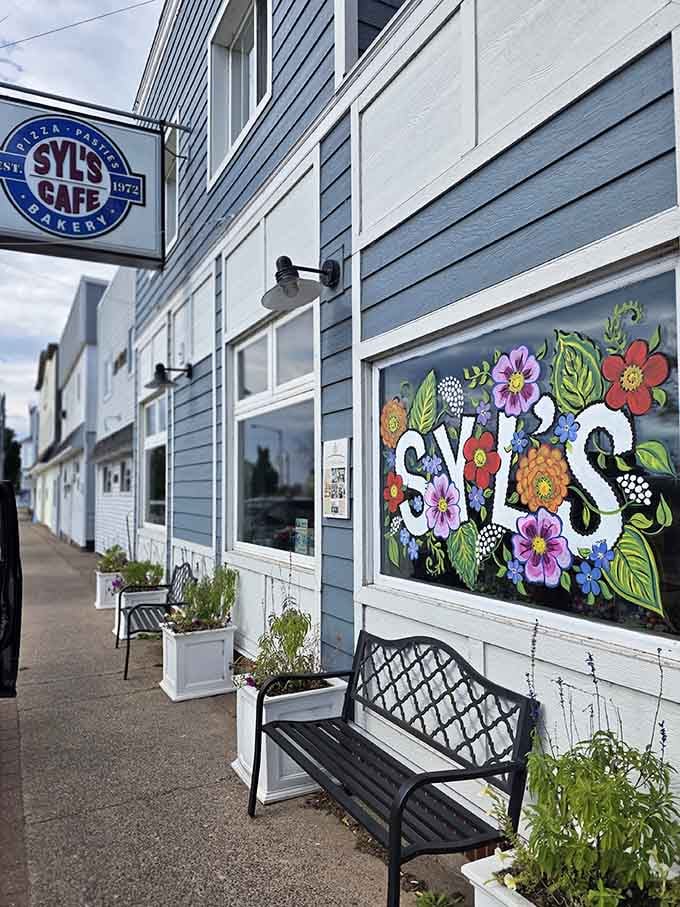 That cheerful floral mural welcomes you like a warm hug on a chilly superior morning.