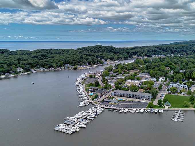 From above, the marina spreads like a perfectly organized parking lot for boats, where Lake Michigan meets small-town charm.