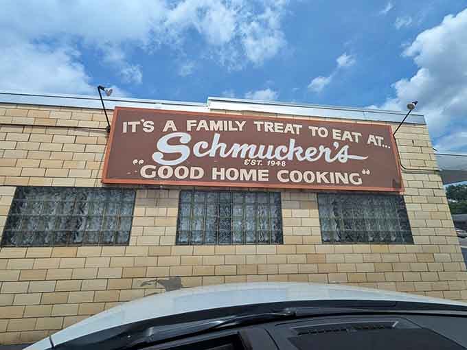 "It's a Family Treat to Eat At Schmucker's" reads like a slogan, but feels more like a community mission statement.