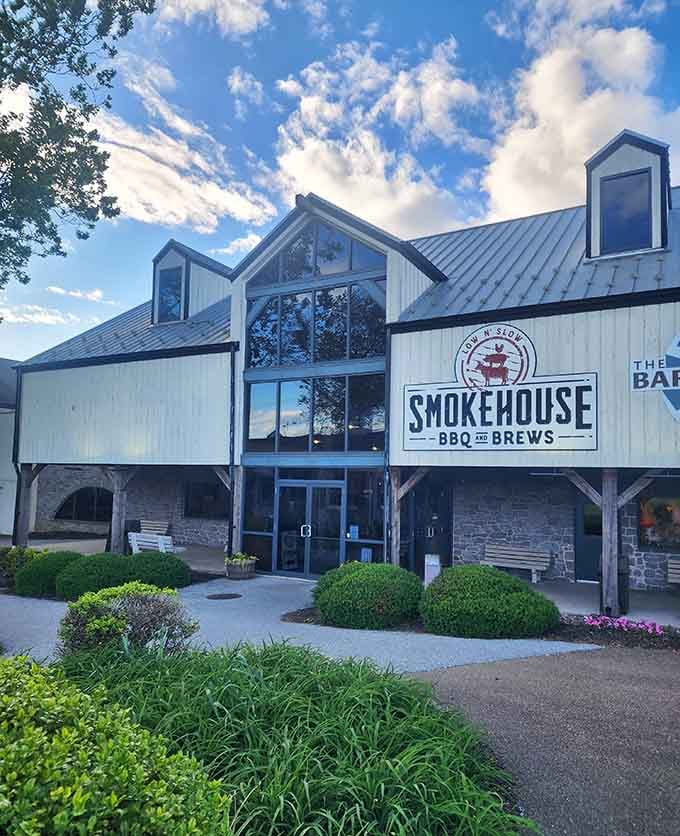 The Smokehouse stands proud against a perfect blue sky, ready to feed hungry travelers with seriously good smoked meats.