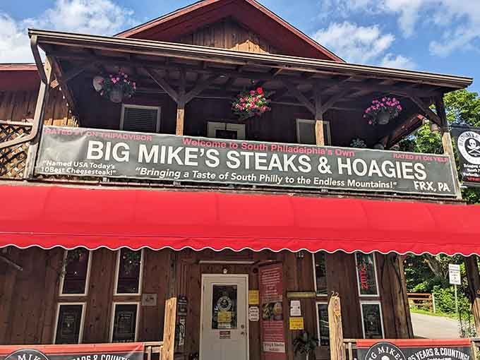 That red awning beckons like a lighthouse for hungry travelers navigating the beautiful Endless Mountains of Pennsylvania.