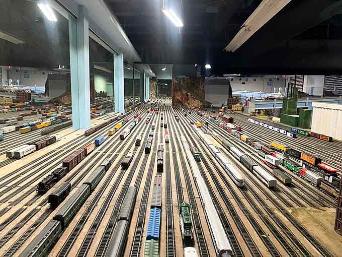 When parallel tracks multiply like this, you're either witnessing railroad heaven or someone's magnificent obsession made real.