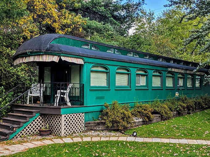 That turquoise train car isn't going anywhere, but your imagination will take quite the journey staying here.