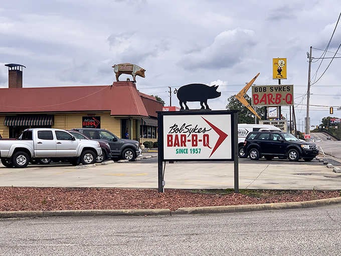 That pig on the roof isn't just decoration, it's a promise of the smoky goodness waiting inside.