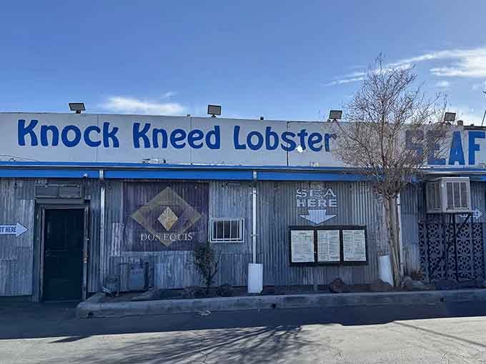 That weathered corrugated exterior isn't trying to fool anyone—this is seafood done right, desert style.