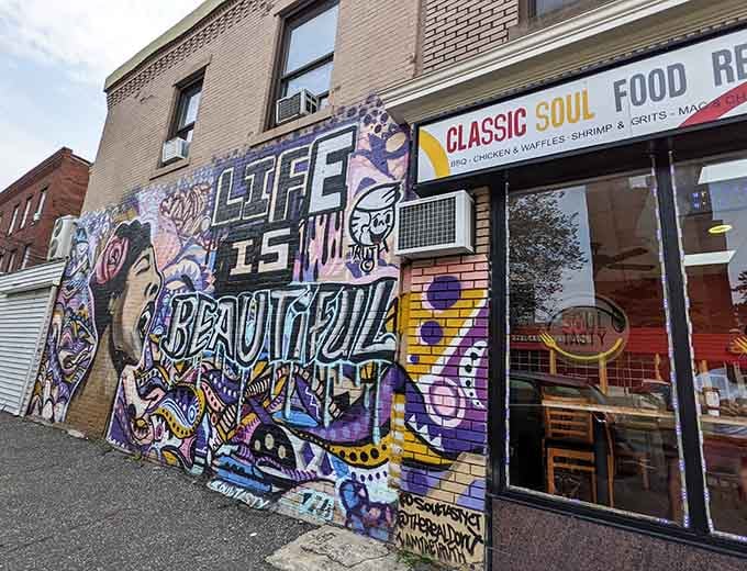 That "Life is Beautiful" mural isn't lying when Soul Tasty Restaurant is serving up happiness on every plate.