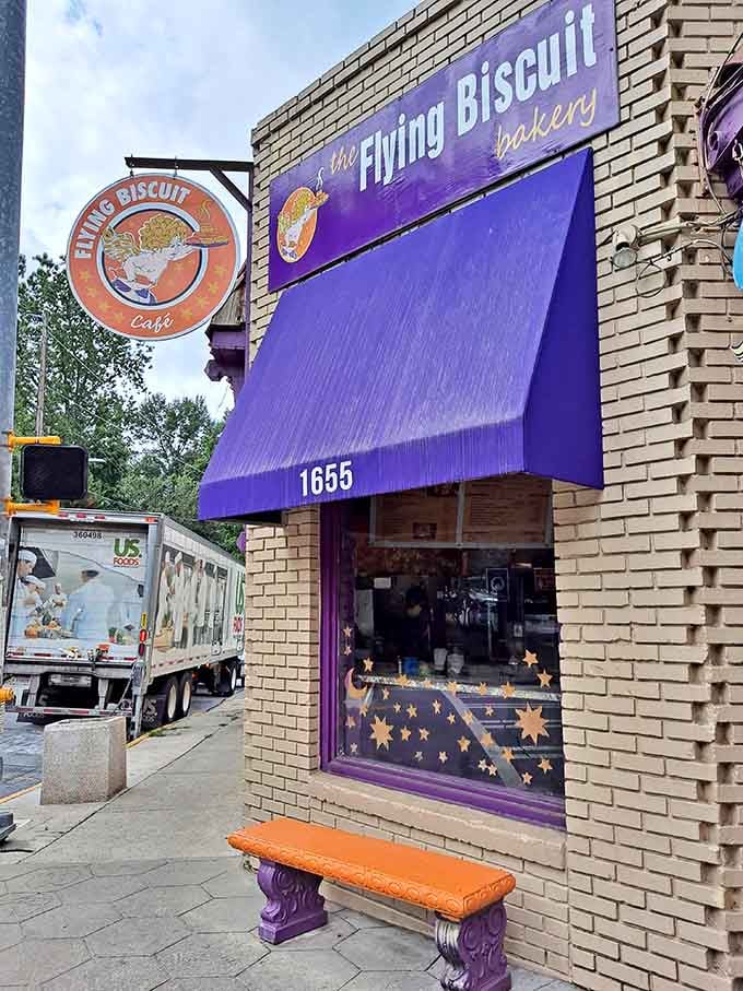 The cheerful purple awning and hand-painted stars create a neighborhood vibe that says "come as you are, leave happy."