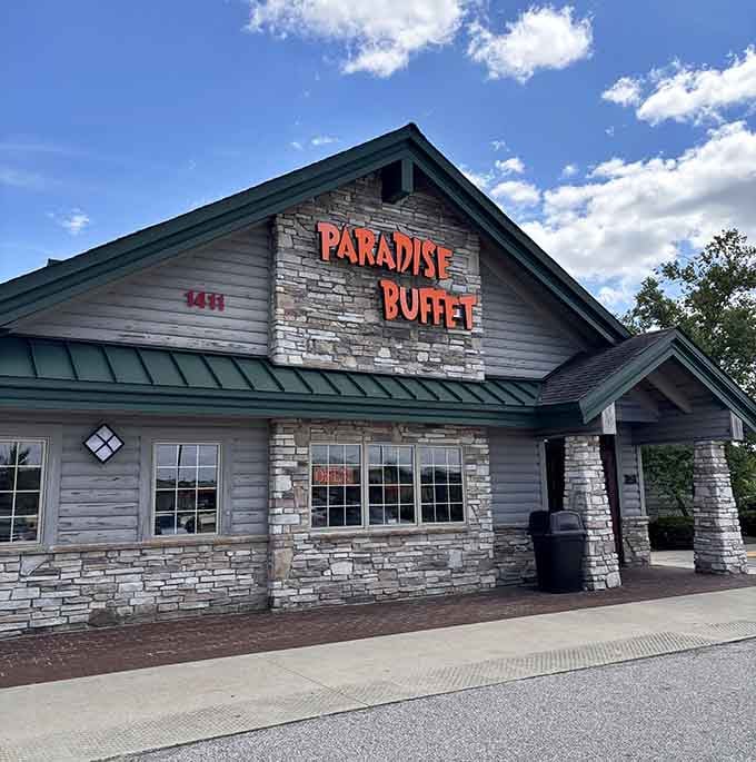 That stone facade and bold orange signage aren't just welcoming you, they're practically giving you a bear hug before you even walk in.