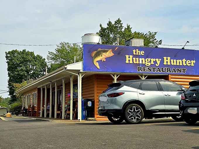 That blue bass isn't just decoration, it's a breakfast promise written in fish and wood siding.