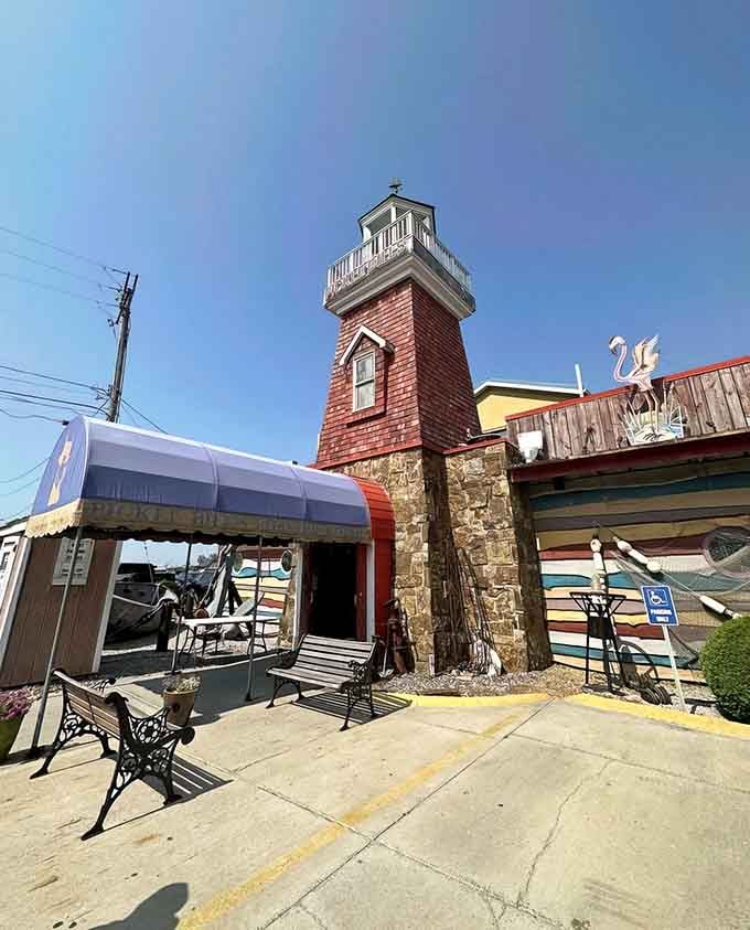 That bright blue and yellow exterior isn't just a building, it's a beacon calling seafood lovers home.