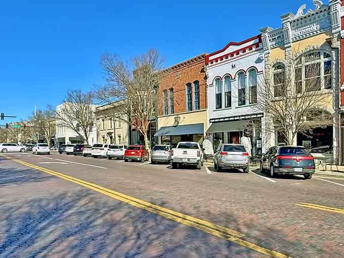 Victorian storefronts line brick streets where parking is actually possible, a miracle in modern America.