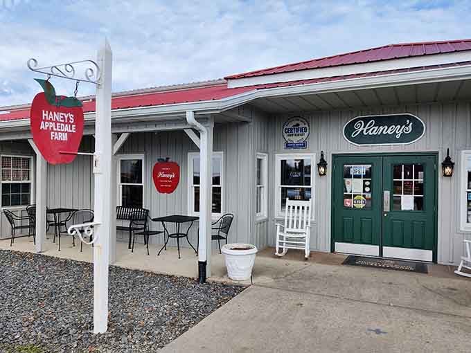 Those green doors are your gateway to apple heaven, complete with cider donuts and zero regrets about calories.