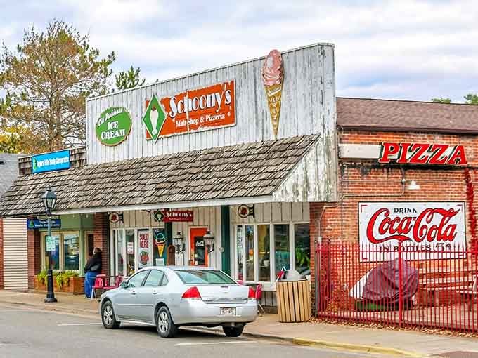 This vintage storefront with its retro signs and classic charm offers a welcoming spot to relax in historic Taylors Falls.