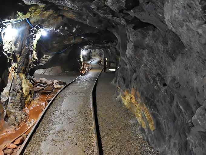 The tunnel beckons you forward, rails guiding your journey into Georgia's glittering past beneath the mountains.