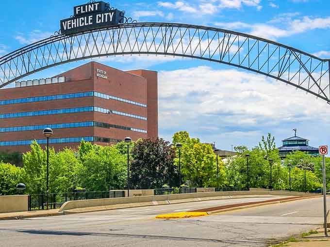 That iconic arch proudly declares "Vehicle City" like a badge of honor worn with well-earned pride.