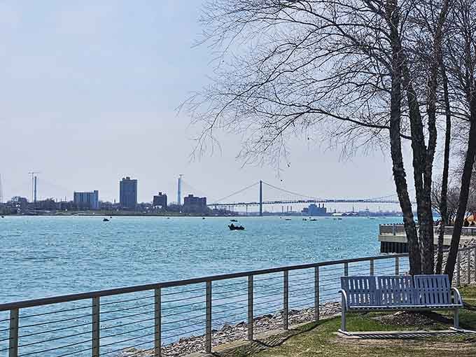 The Detroit River sparkles like nature's own welcome mat, inviting you to leave your worries behind.