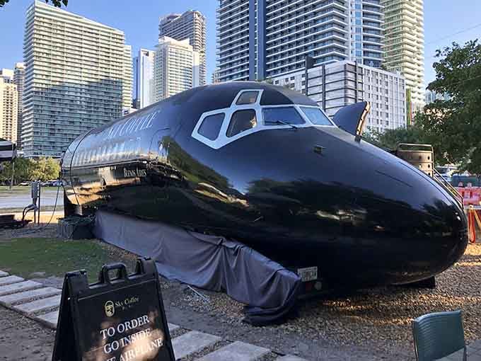 This sleek aircraft sits permanently grounded in Miami, ready to serve exceptional coffee instead of flying passengers across the country.