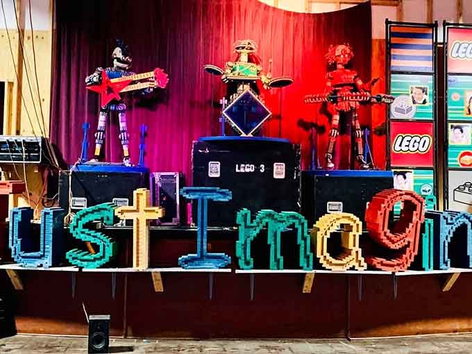 The brick-built band rocks out on stage, proving that plastic musicians can still bring the house down.