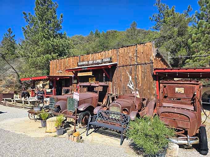 Vintage trucks and mining relics create an outdoor museum that looks like a Western film set come to life.