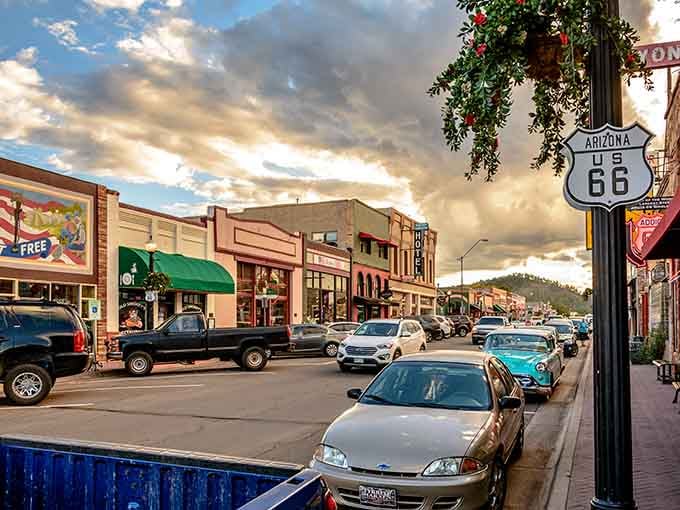 Golden hour paints Williams in warm light as Route 66 signs guide modern adventurers through this timeless mountain town.