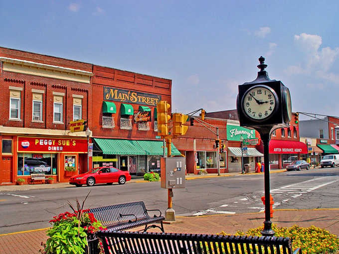 Main Street's vintage clock stands guard over a downtown that refuses to sacrifice character for convenience.