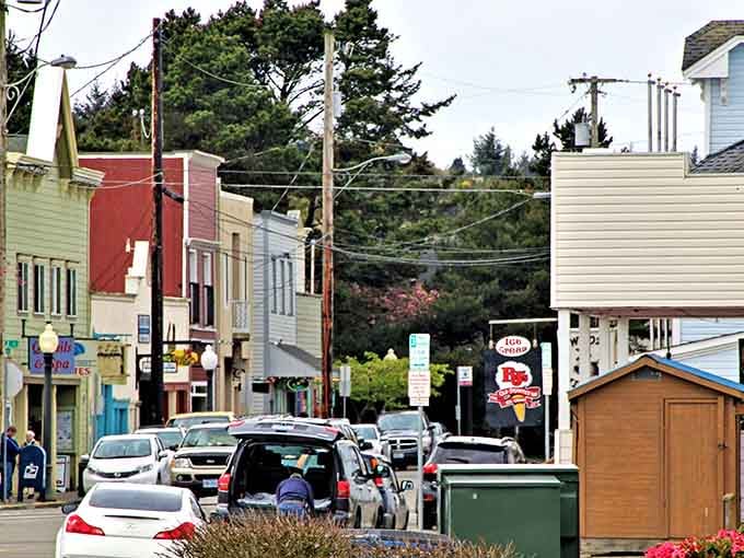 Colorful buildings line streets where people actually walk instead of just driving from parking lot to parking lot.