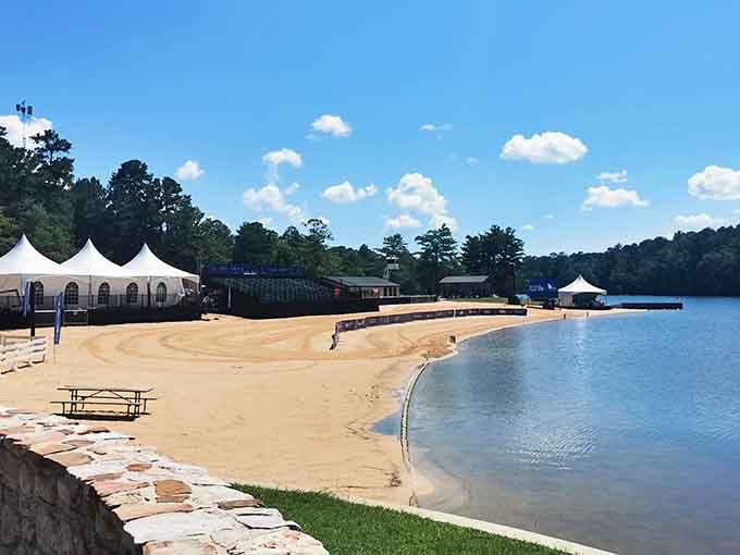 That sandy shoreline stretching along Double Oak Lake looks suspiciously like a beach vacation minus the sunburn regrets.