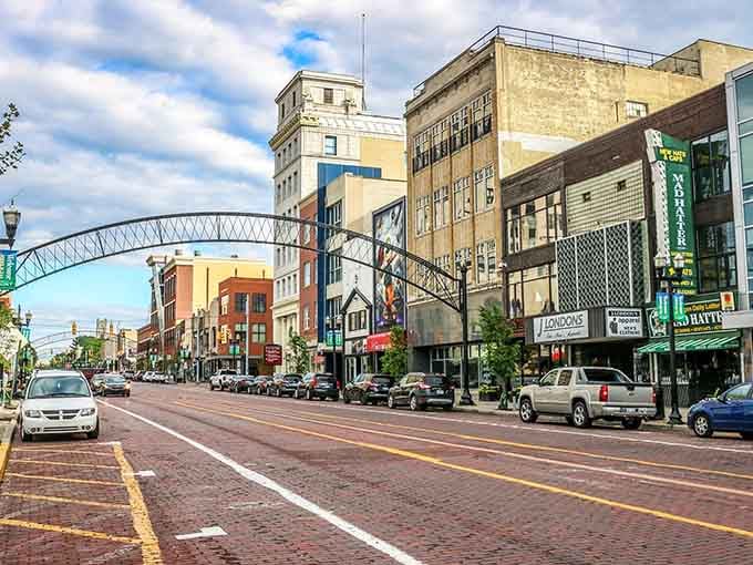 Downtown Flint's architectural charm shines through with decorative bridges and historic buildings that tell stories of prosperity.