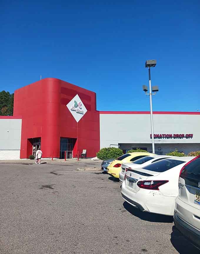 That bold red exterior isn't just for show; it's basically a beacon calling bargain hunters from miles around.
