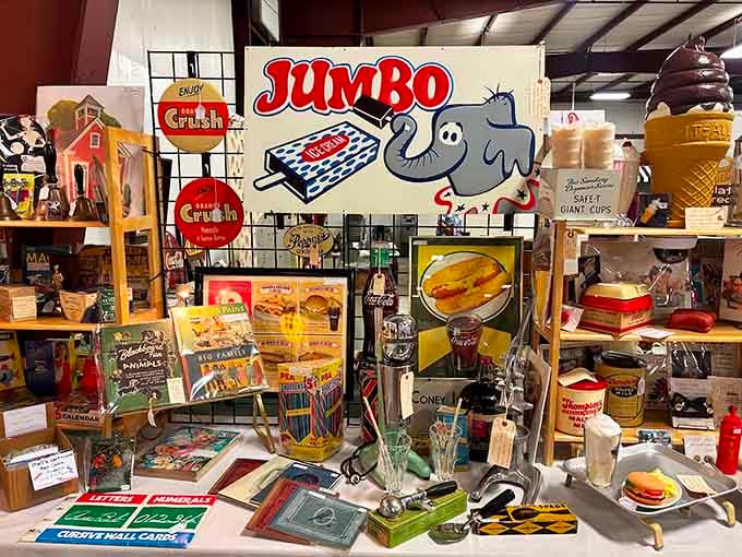 Vintage advertising signs and nostalgic treasures create a collector's paradise that spans multiple decades of Americana.